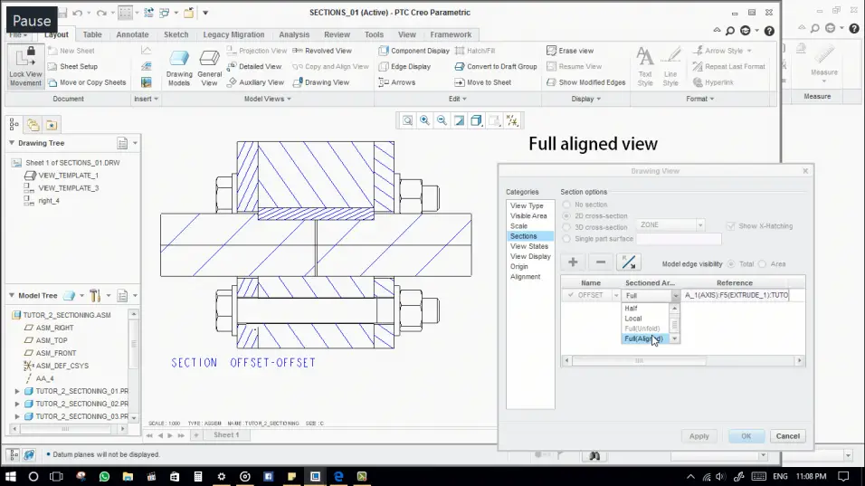 Sections in Creo-Offset, Zone Sections, Full(Unfold), Full(aligned) in Creo 3.0 - ExtruDesign